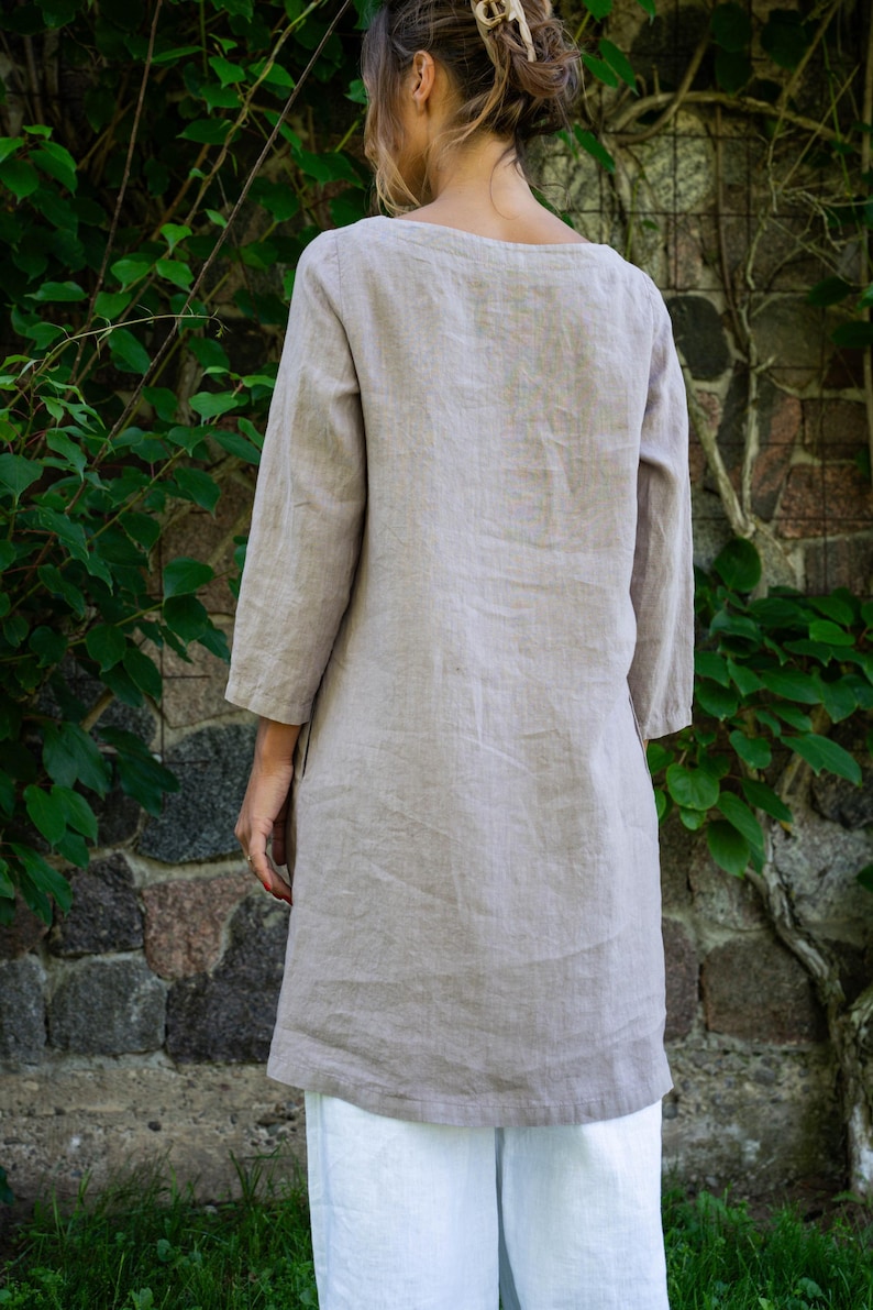 Linen Dress, Inset Pockets, Straight Silhouette JUDRA With Long Sleeves ...