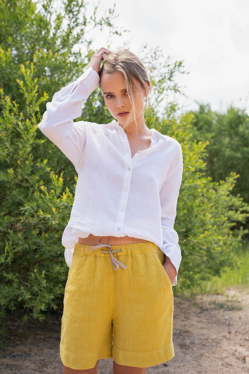 Classic Loose-fitting Linen Shirt With Button Closure, Back Pleat, and ...