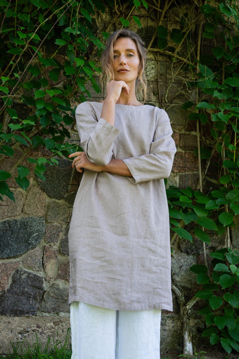 Linen Dress, Inset Pockets, Straight Silhouette JUDRA With Long Sleeves ...