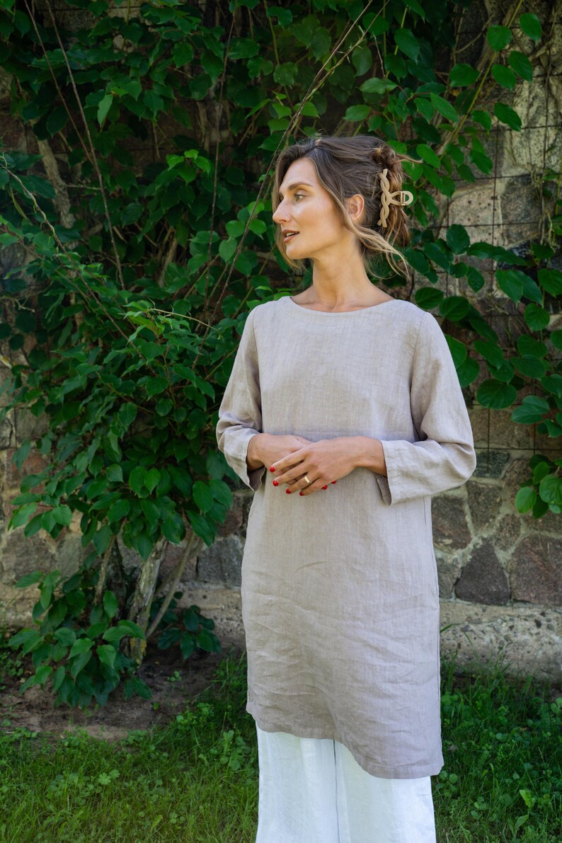 Linen Dress, Inset Pockets, Straight Silhouette JUDRA With Long Sleeves ...
