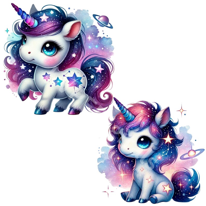 Watercolor Galaxy Unicorn Celestial Cosmic Clipart Bundle, 19 PNG Cute ...