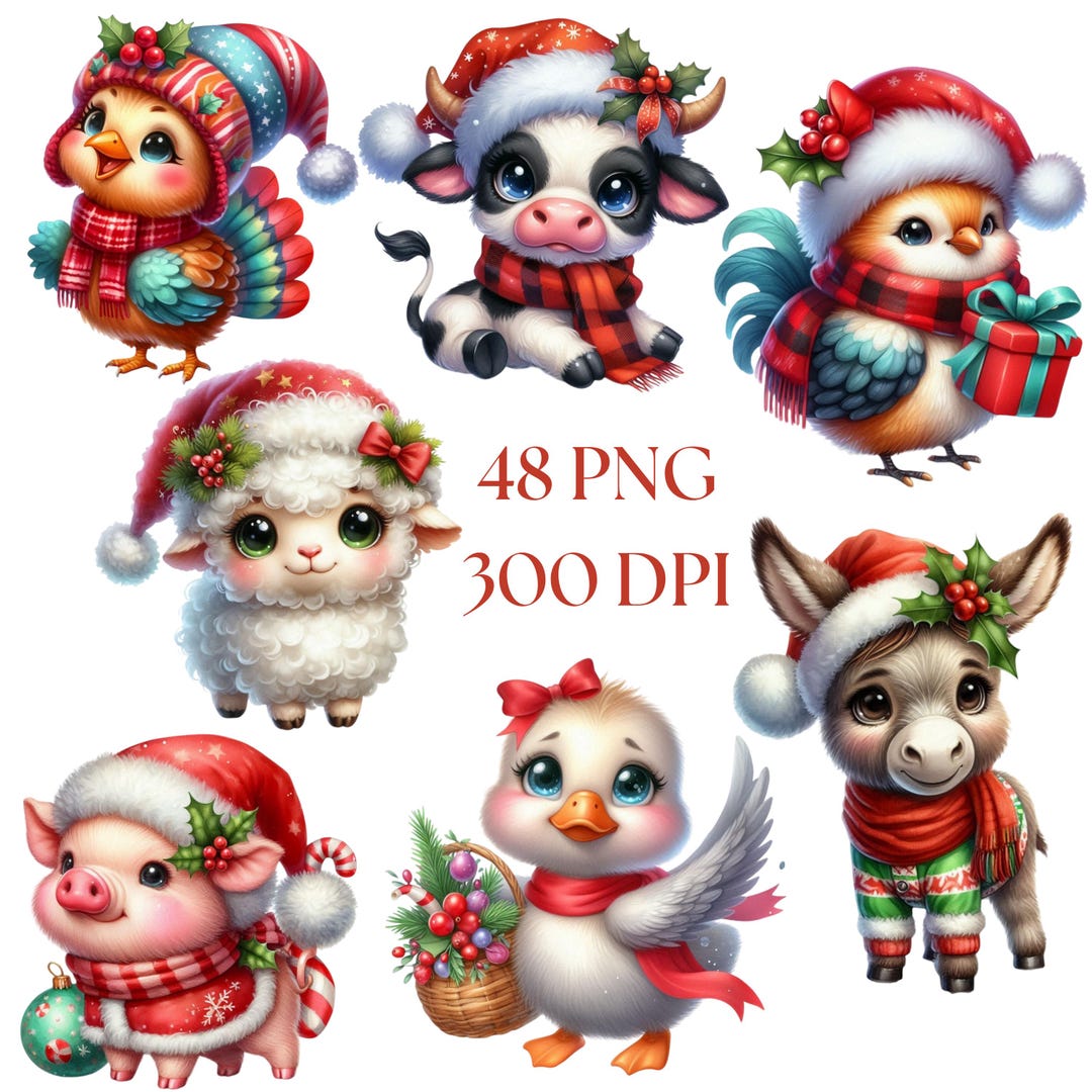 Christmas Farm Animals Clipart, 48 Holiday Livestock PNG Set, Digital ...