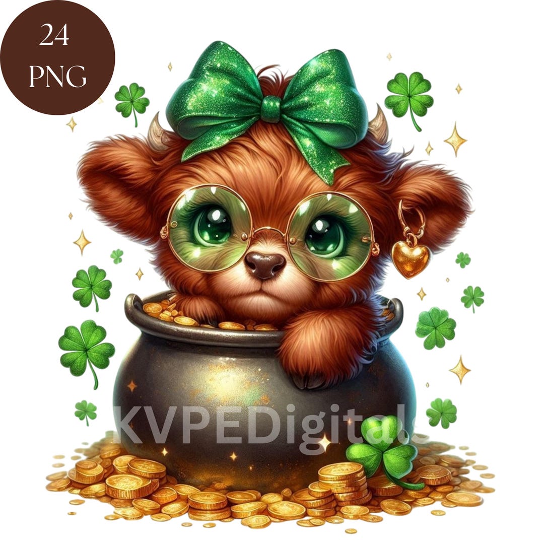 St.patrick's Highland Cow Cute Baby Cow Watercolor Clipart Bundle, 24 ...