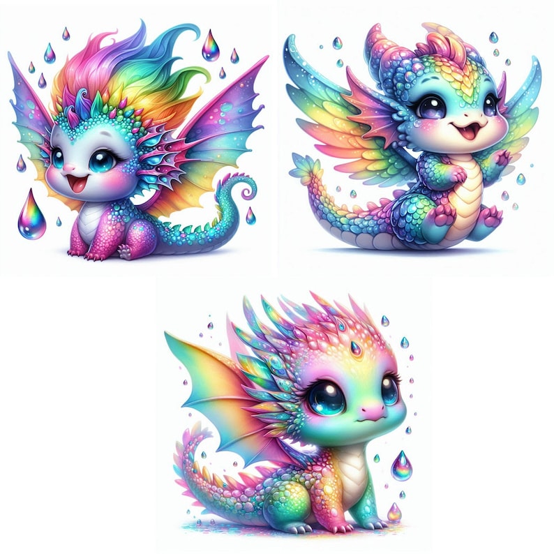 Rainbow Raindrop Dragon, 12 Jpeg Colorful Baby Dragons, Cute Clipart ...