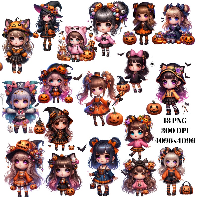 Halloween Chibi Girls Clipart, 18 Cute PNG Spooky Printables, Trick or ...