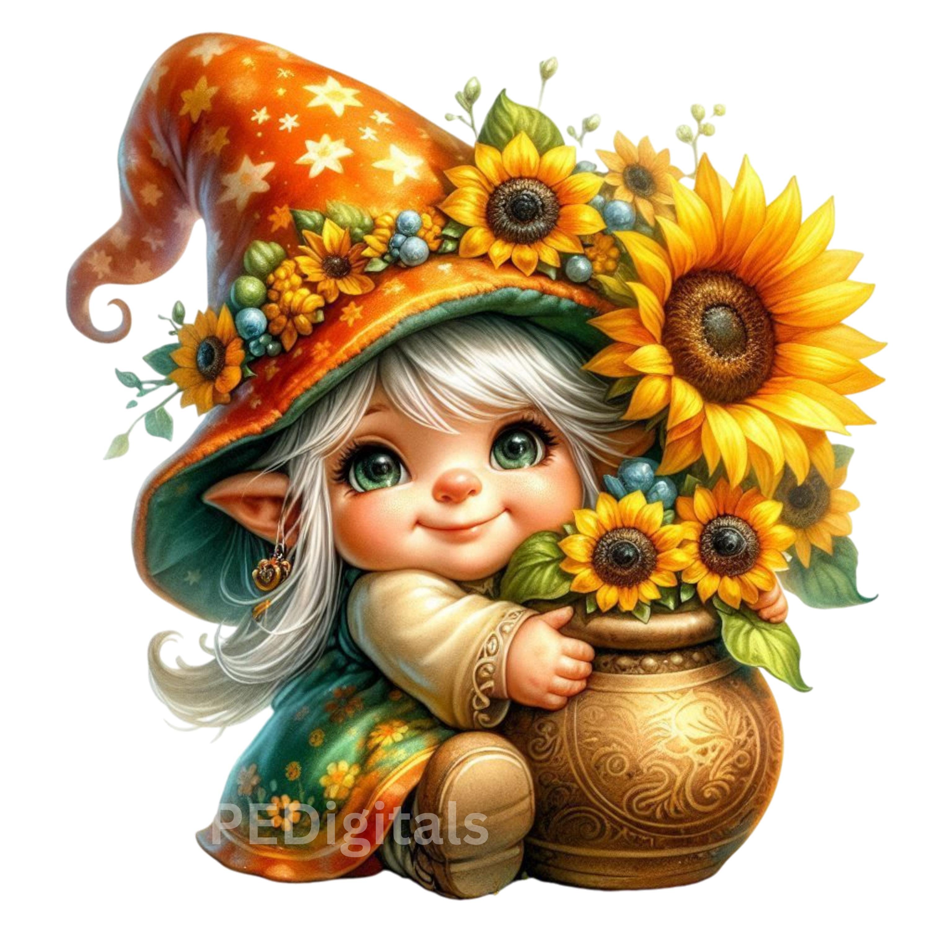 Sunflower Gnome Clipart Bundle, 17 PNG Floral Girl Gnome Graphics, Cute ...