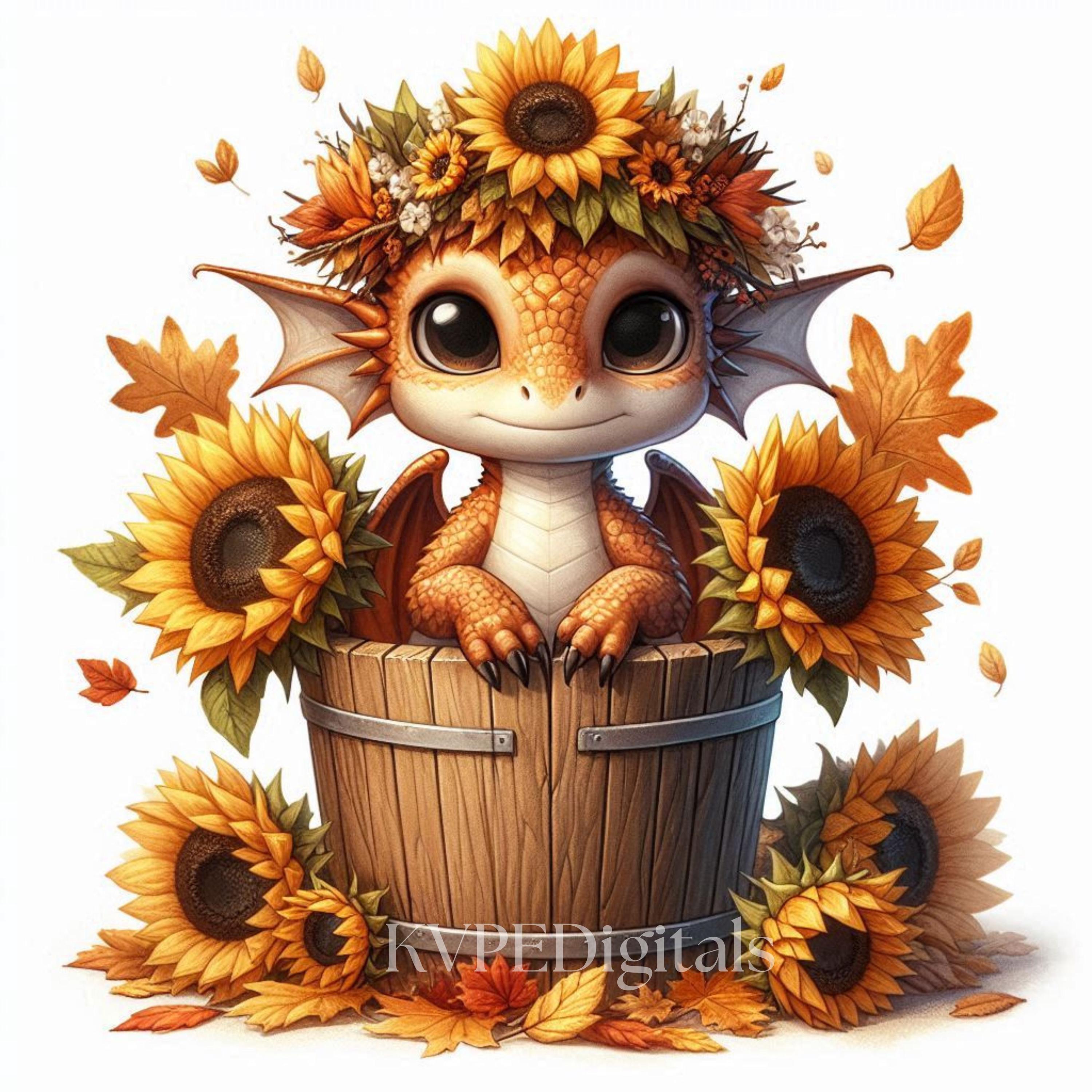 Sunflower Fall Dragon Clipart, 20 Jpeg Autumn Dragon Sublimation, Cute ...
