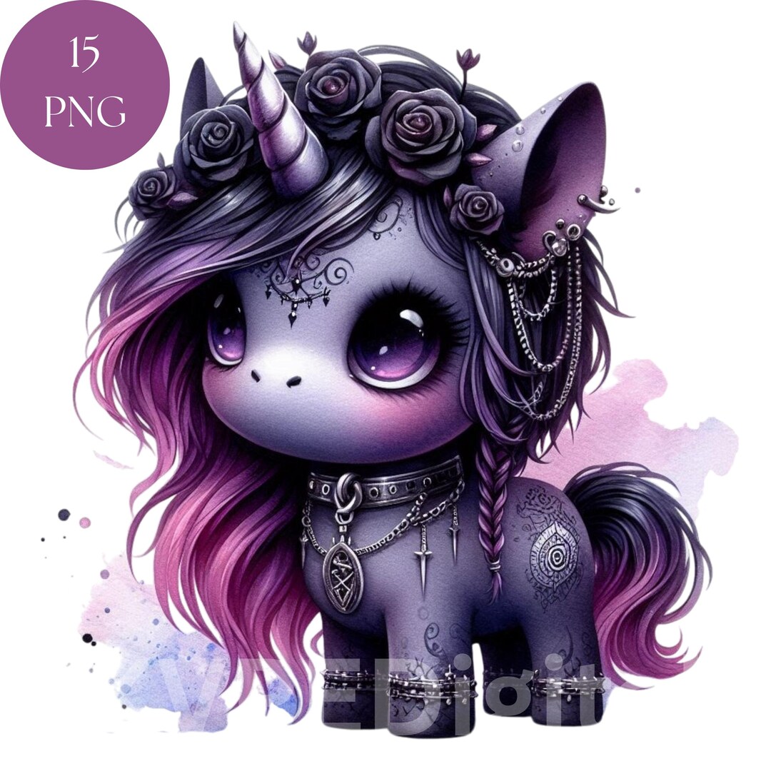 Gothic Emo Unicorn Watercolor Clipart Bundle, 15 PNG Digital File ...