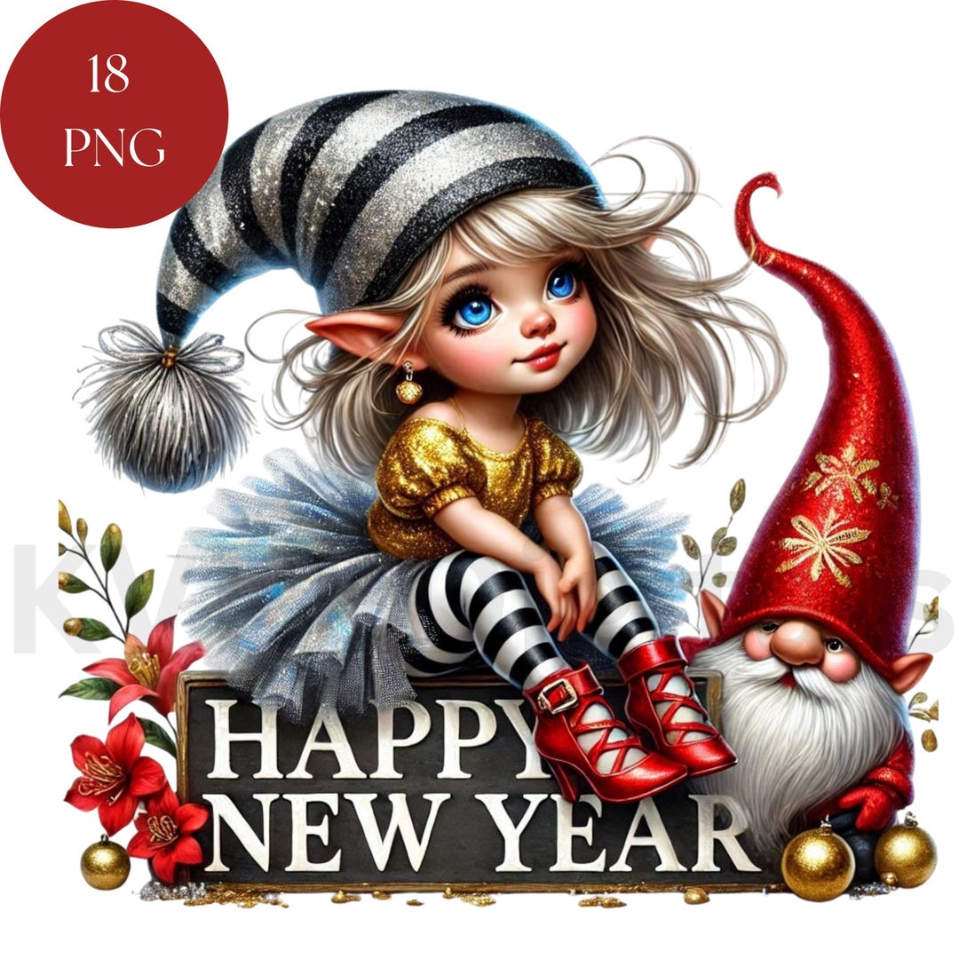 New Year Girl Gnome 2025 Festive Holiday Clipart, 18 PNG Digital File ...