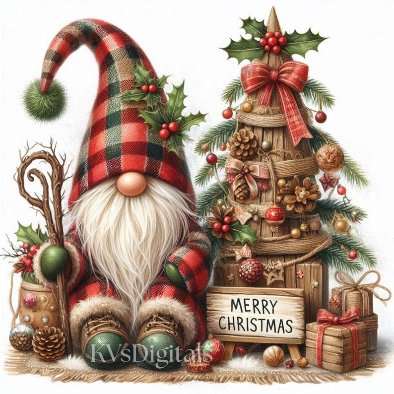 Rustic Christmas Gnome Clipart, 20 Jpeg Plaid Holiday Gnome, Magical ...