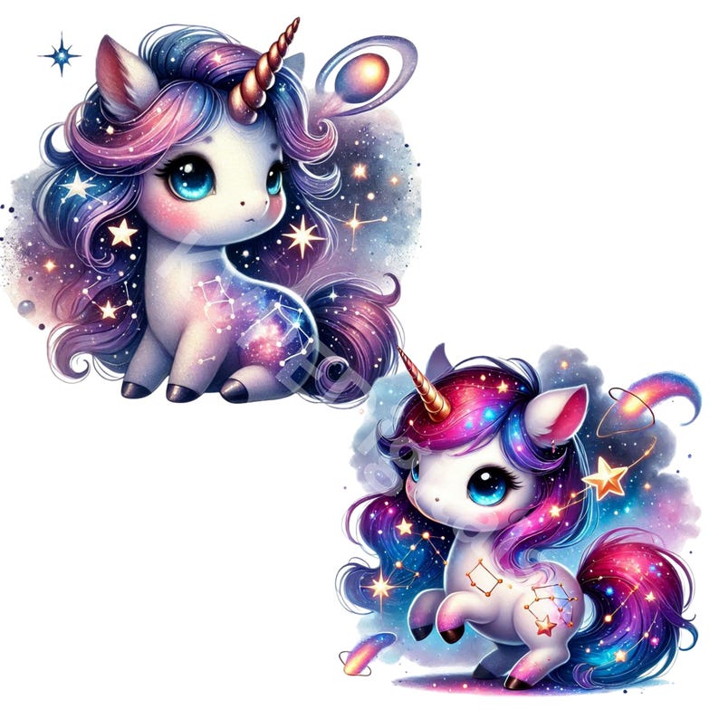 Watercolor Galaxy Unicorn Celestial Cosmic Clipart Bundle, 19 PNG Cute ...