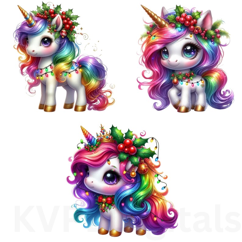 Christmas Rainbow Unicorn Magical Colorful Holiday Clipart, 30 Cute PNG ...