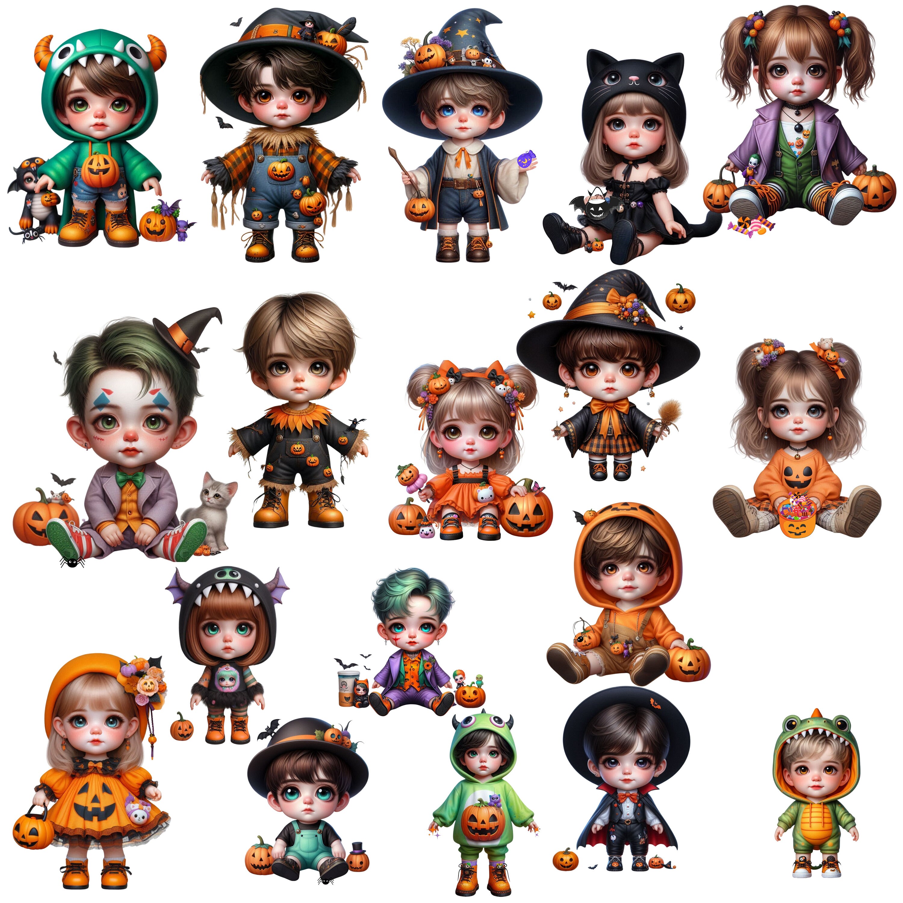 Cute Halloween Clipart Set, 68 Trick or Treat PNG, Spooky Chibi Kids ...