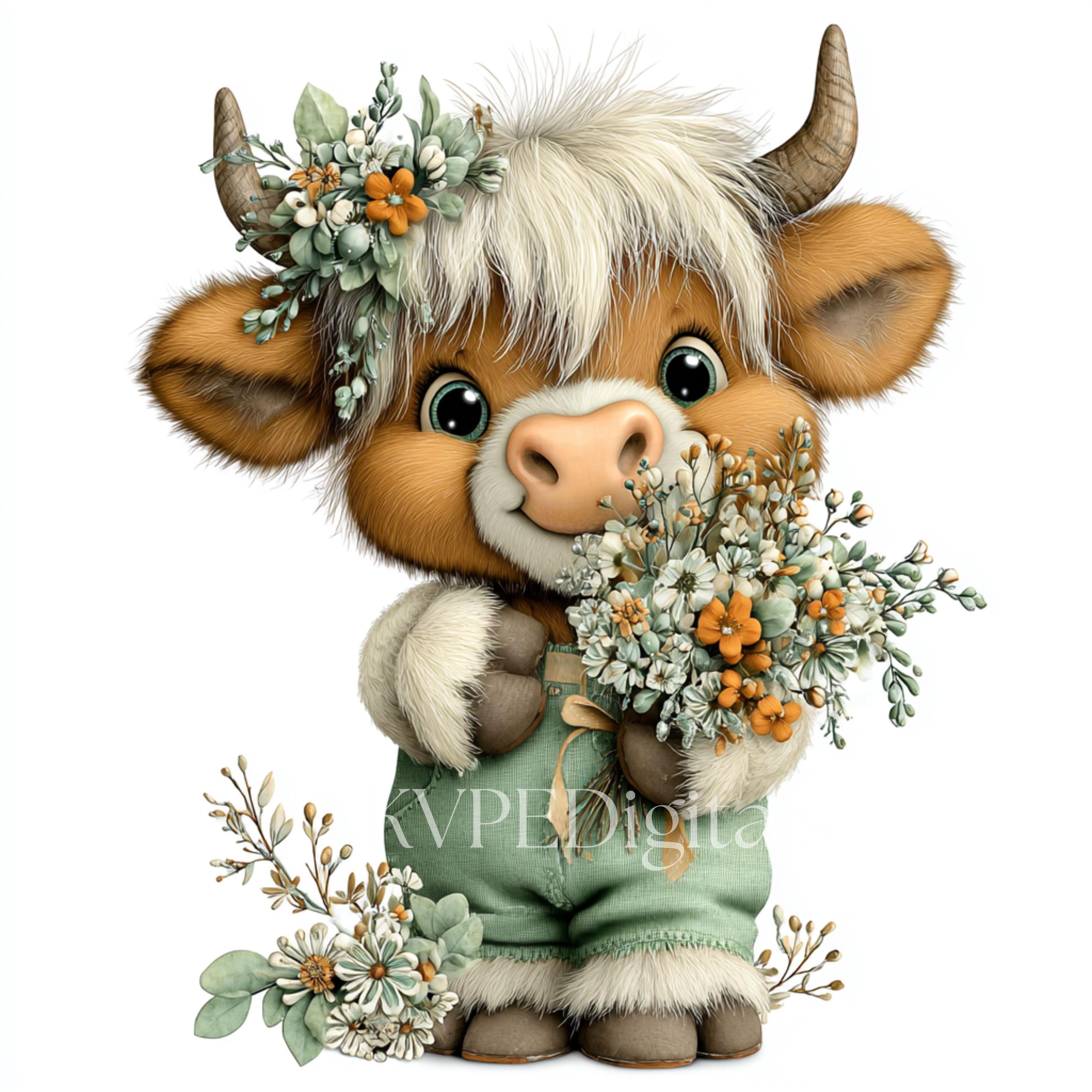 Spring Highland Cow Clipart, 19 PNG-JPG Cute Spring Baby Cow ...