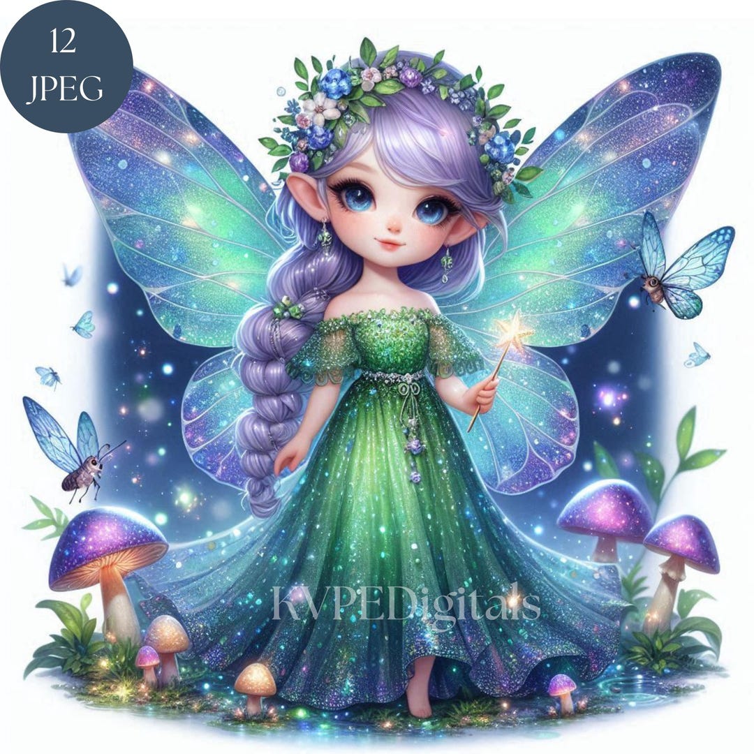 Enchanted Green Forest Fairy Clipart Bundle, 12 Jpeg Sparkly Woodland ...