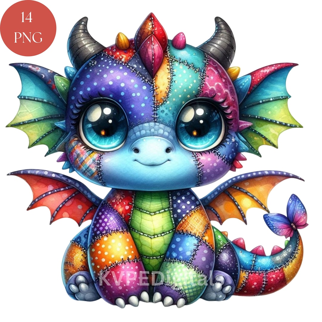 Patchwork Dragon, 14 PNG Colorful Baby Dragon Clipart Bundle, Cute ...