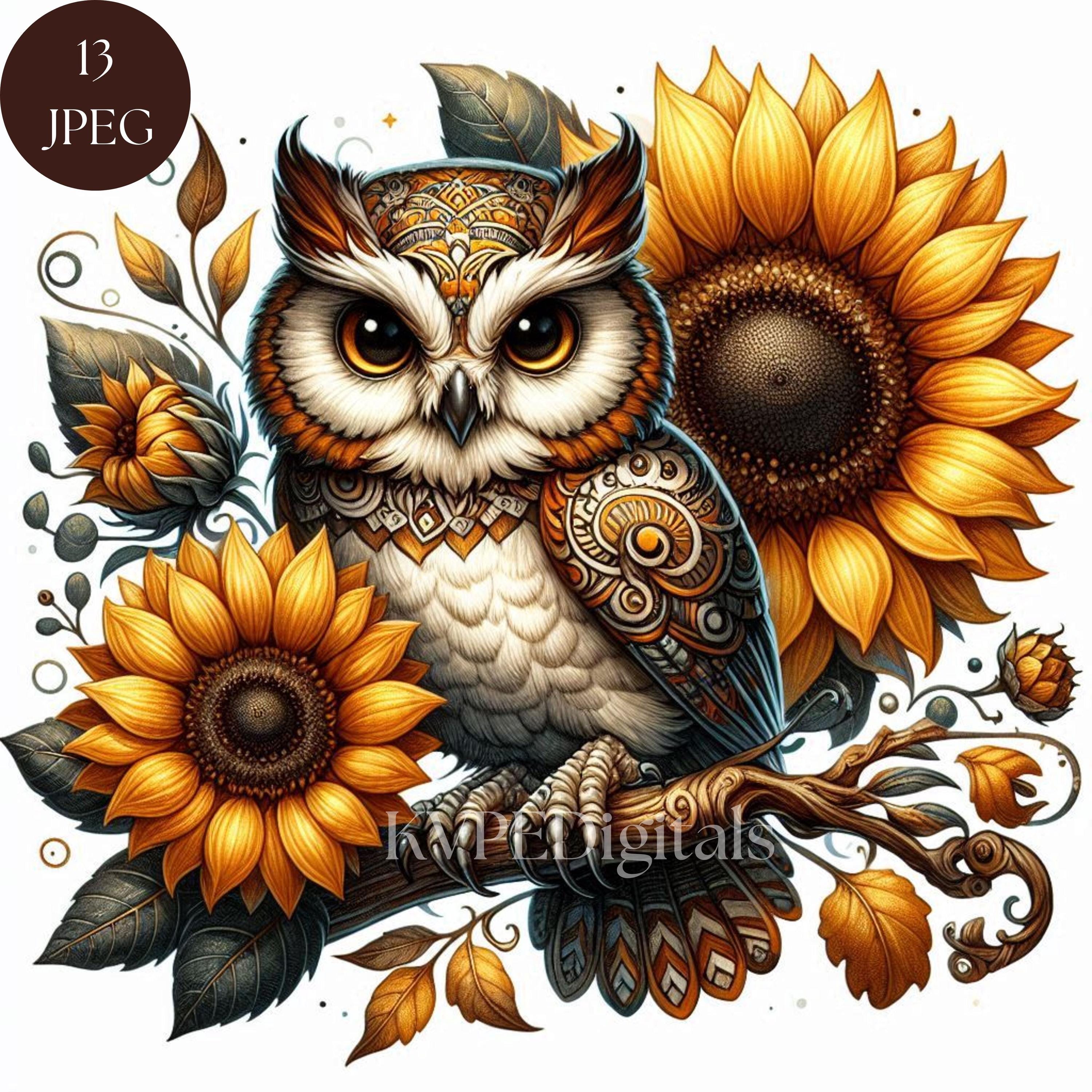 Autumn Owl and Sunflower Clipart Bundle, 13 Jpeg Fall Forest Owl ...
