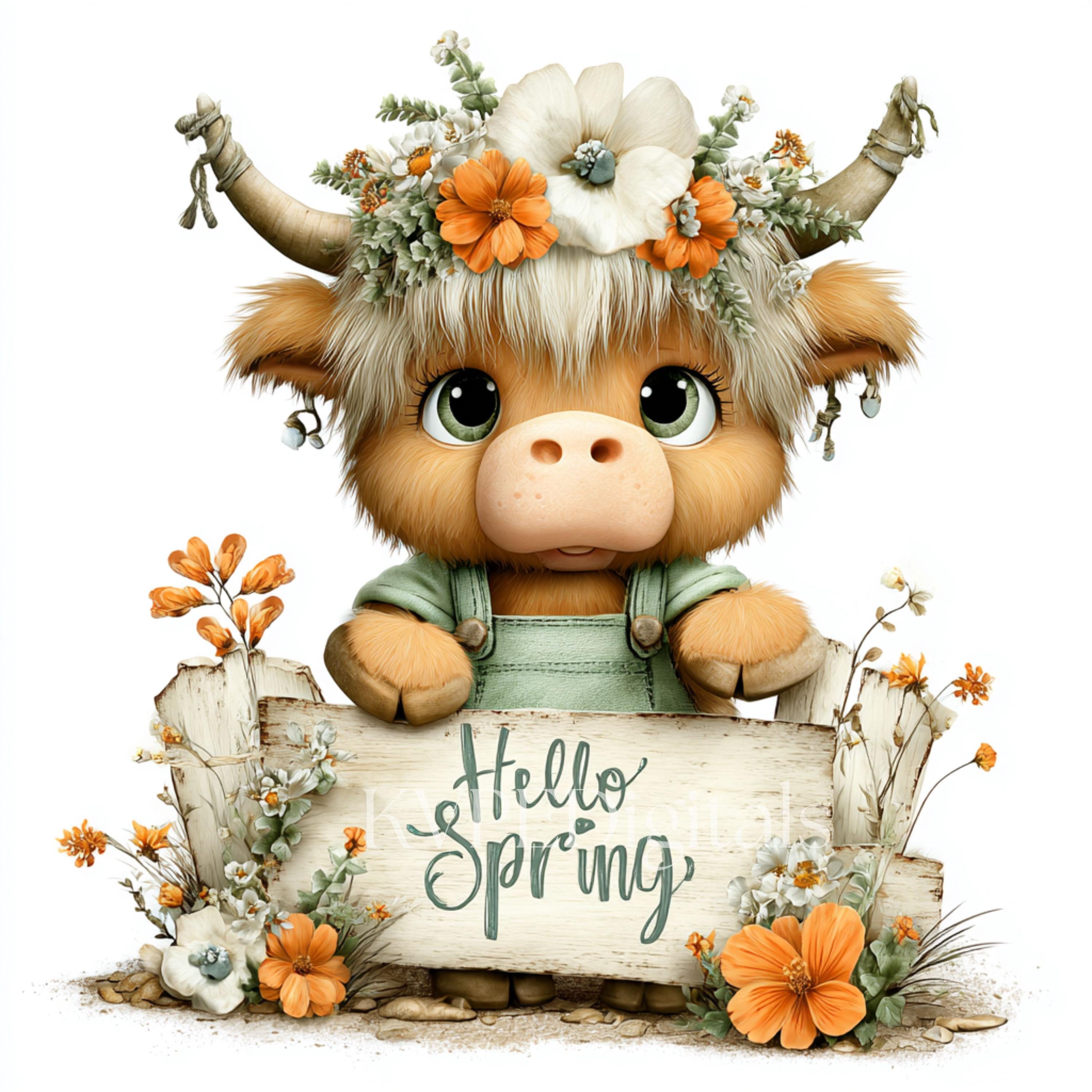 Spring Highland Cow Clipart, 19 PNG-JPG Cute Spring Baby Cow ...