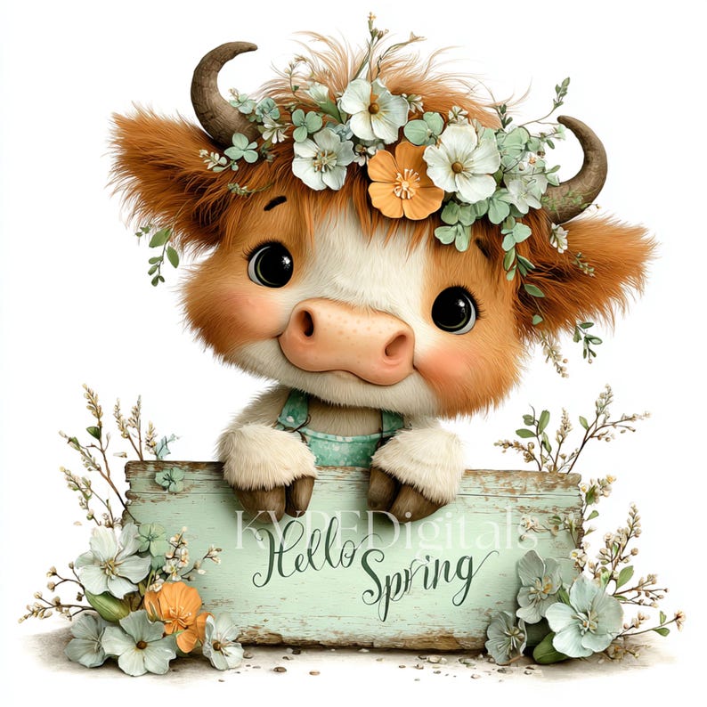 Spring Highland Cow Clipart, 19 PNG-JPG Cute Spring Baby Cow ...