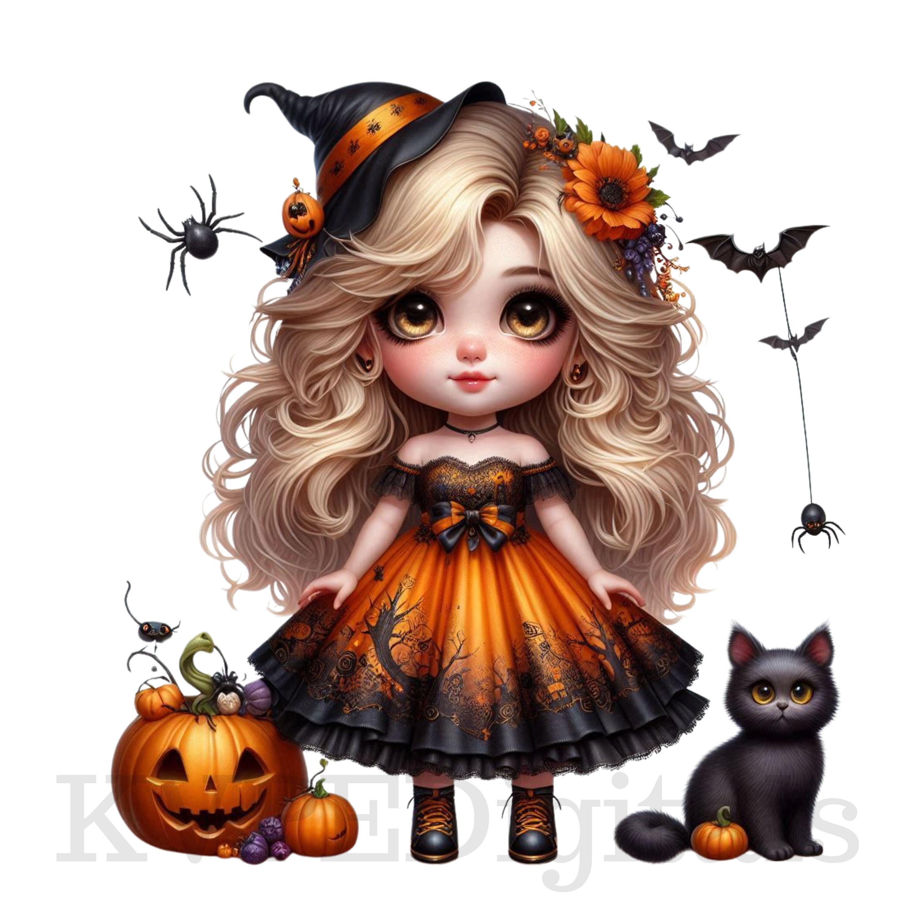 Halloween Witch Clipart Set, 10 Cute Chibi Girls PNG, Spooky Trick or ...