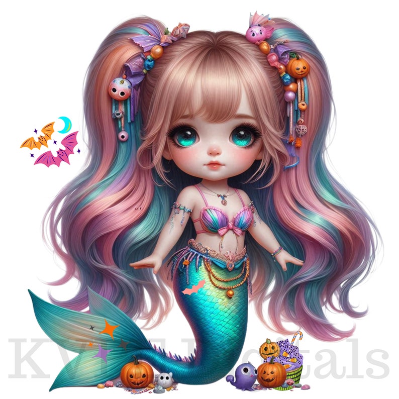 Halloween Mermaid Clipart, 16 Cute PNG Colorful Mystical Siren for a ...