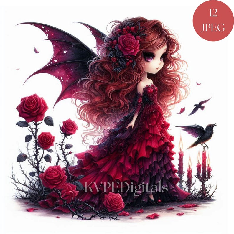 Blood Rose Gothic Fairy Clipart, 12 Jpeg Dark Fantasy Fairy With Petal ...