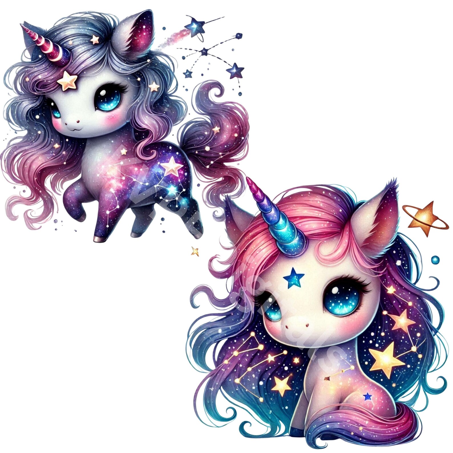 Watercolor Galaxy Unicorn Celestial Cosmic Clipart Bundle, 19 PNG Cute ...