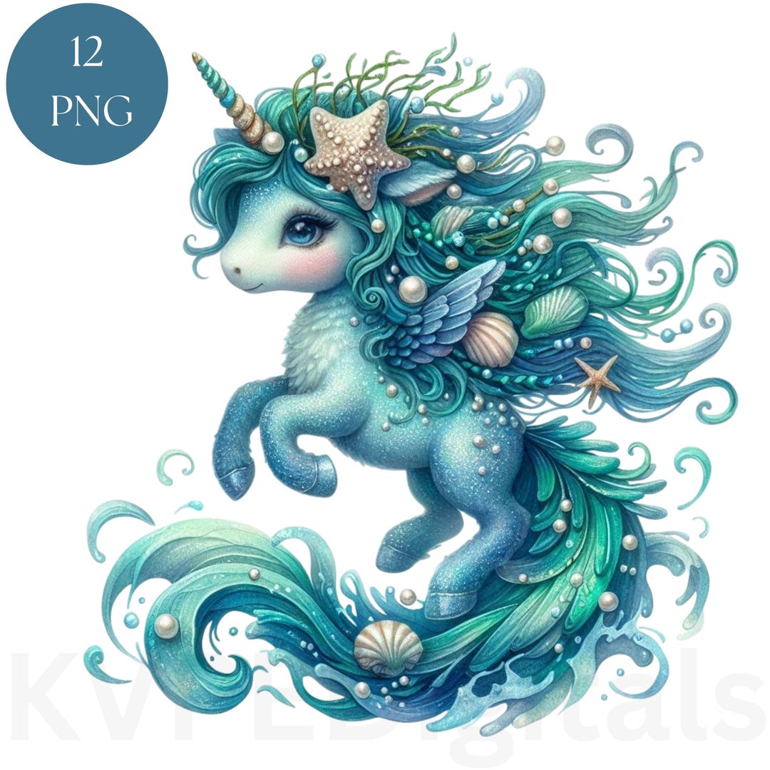 Ocean Themed Unicorn Marine Baby Unicorn Under Water Clipart, 12 PNG ...