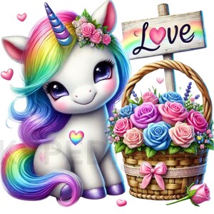 Rainbow Unicorn With Flowers Romantic Love Vibrant Colorful Valentine ...