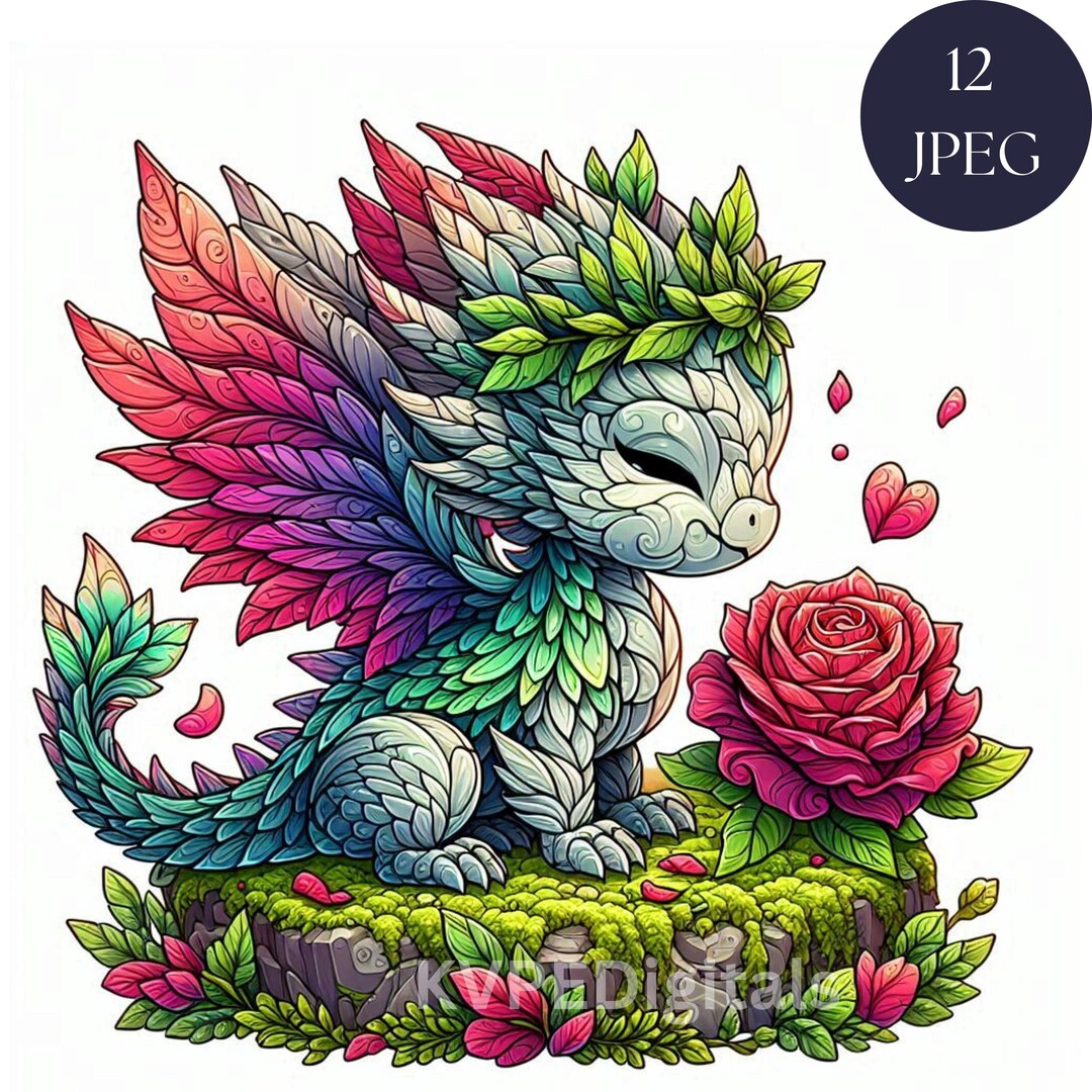 Rose Dragon Clipart Bundle, 12 Jpeg Floral Baby Dragons, Cute ...