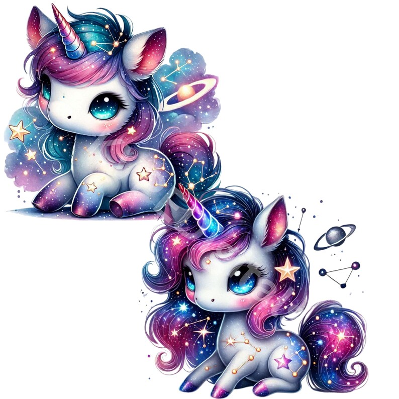 Watercolor Galaxy Unicorn Celestial Cosmic Clipart Bundle, 19 PNG Cute ...