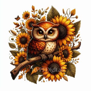 Autumn Owl and Sunflower Clipart Bundle, 13 Jpeg Fall Forest Owl ...