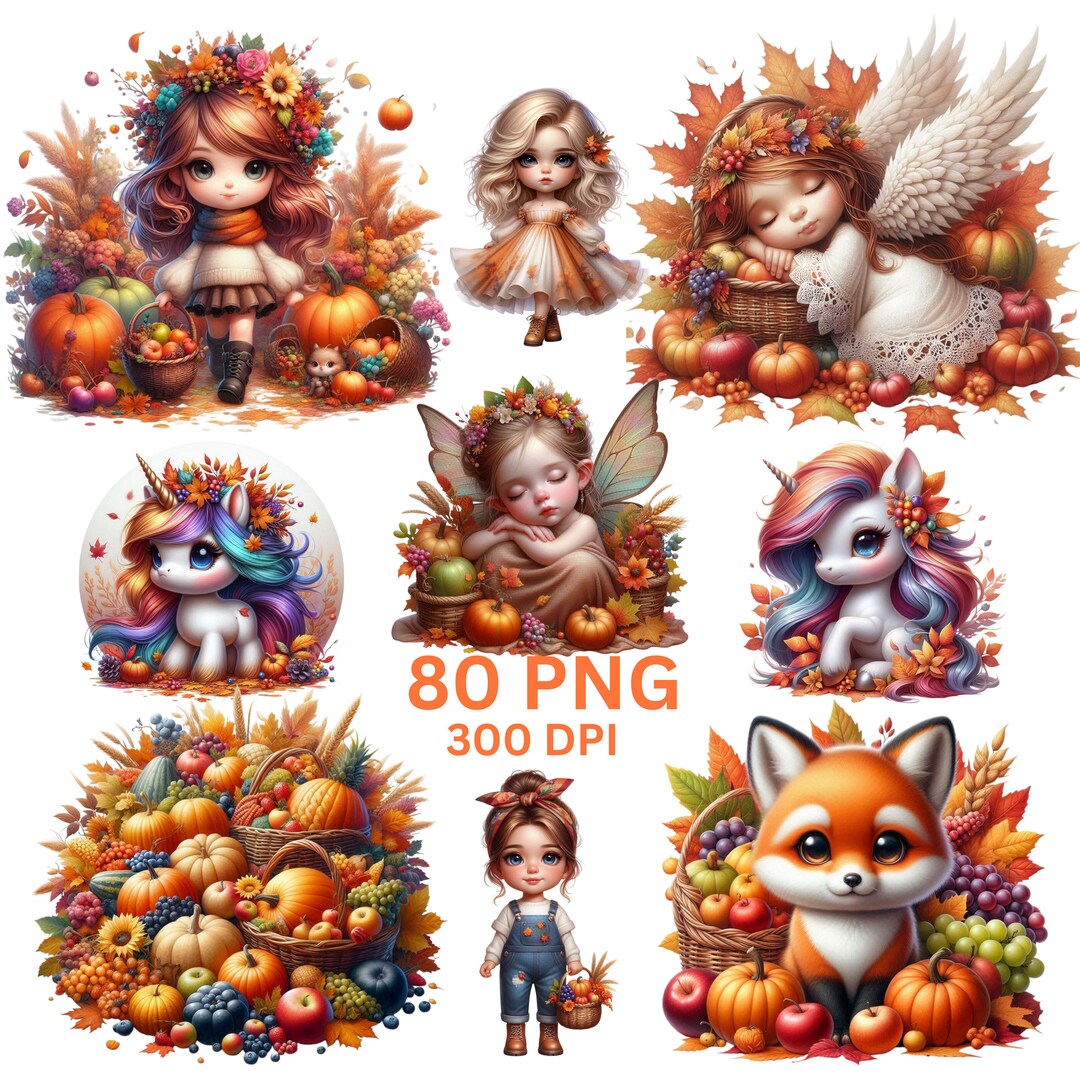 Autumn Harvest Clipart, 80 Bundle PNG, Fall Angels, Unicorn, Chibi ...