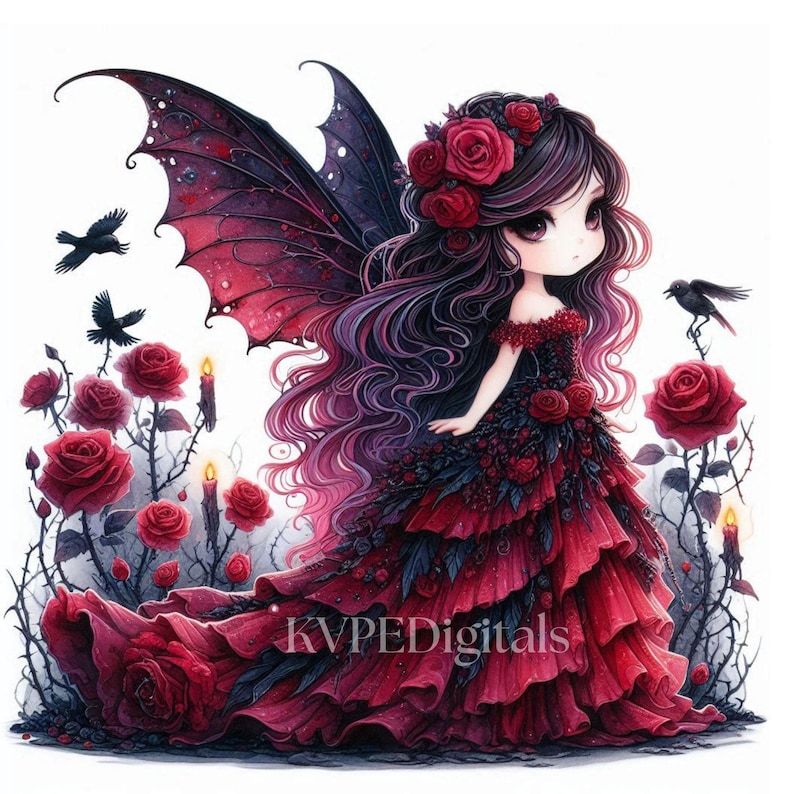 Blood Rose Gothic Fairy Clipart, 12 Jpeg Dark Fantasy Fairy With Petal ...