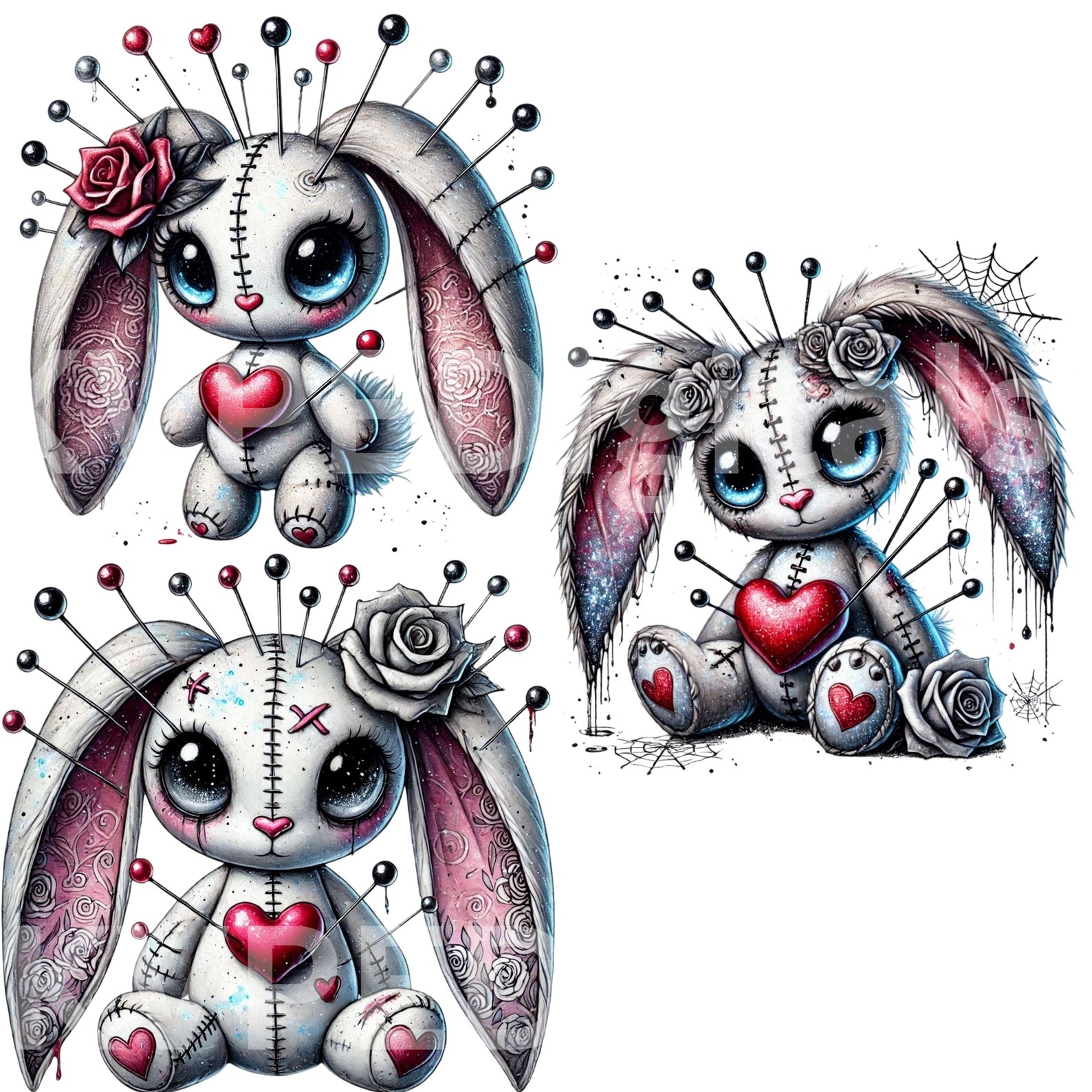 Valentine Bunny Voodoo Doll Watercolor Clipart Bundle, 24 PNG Digital ...