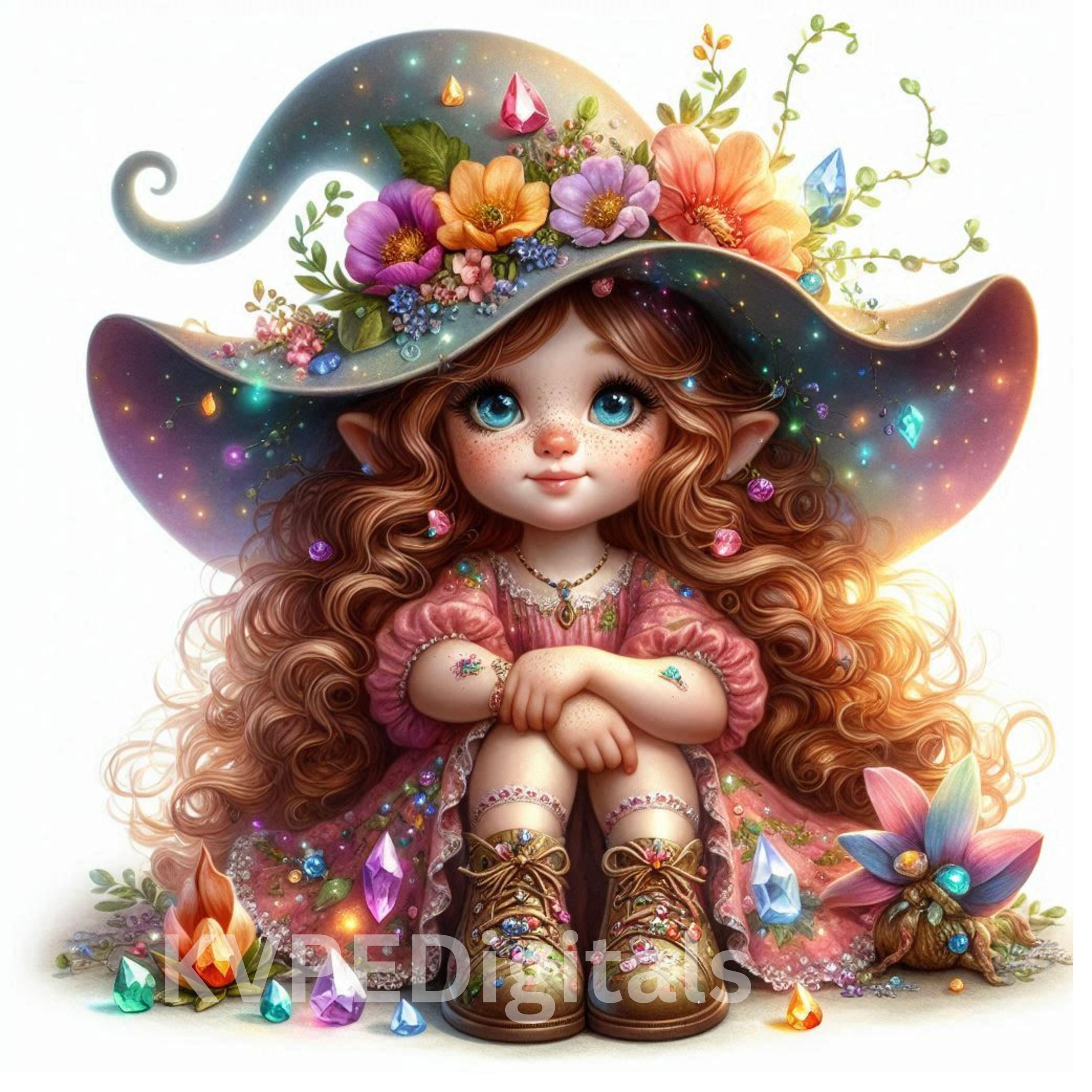 Whimsical Magical Gnome, 10 Jpeg Watercolor Floral Hat Girl Gnome ...