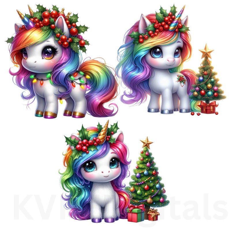 Christmas Rainbow Unicorn Magical Colorful Holiday Clipart, 30 Cute PNG ...