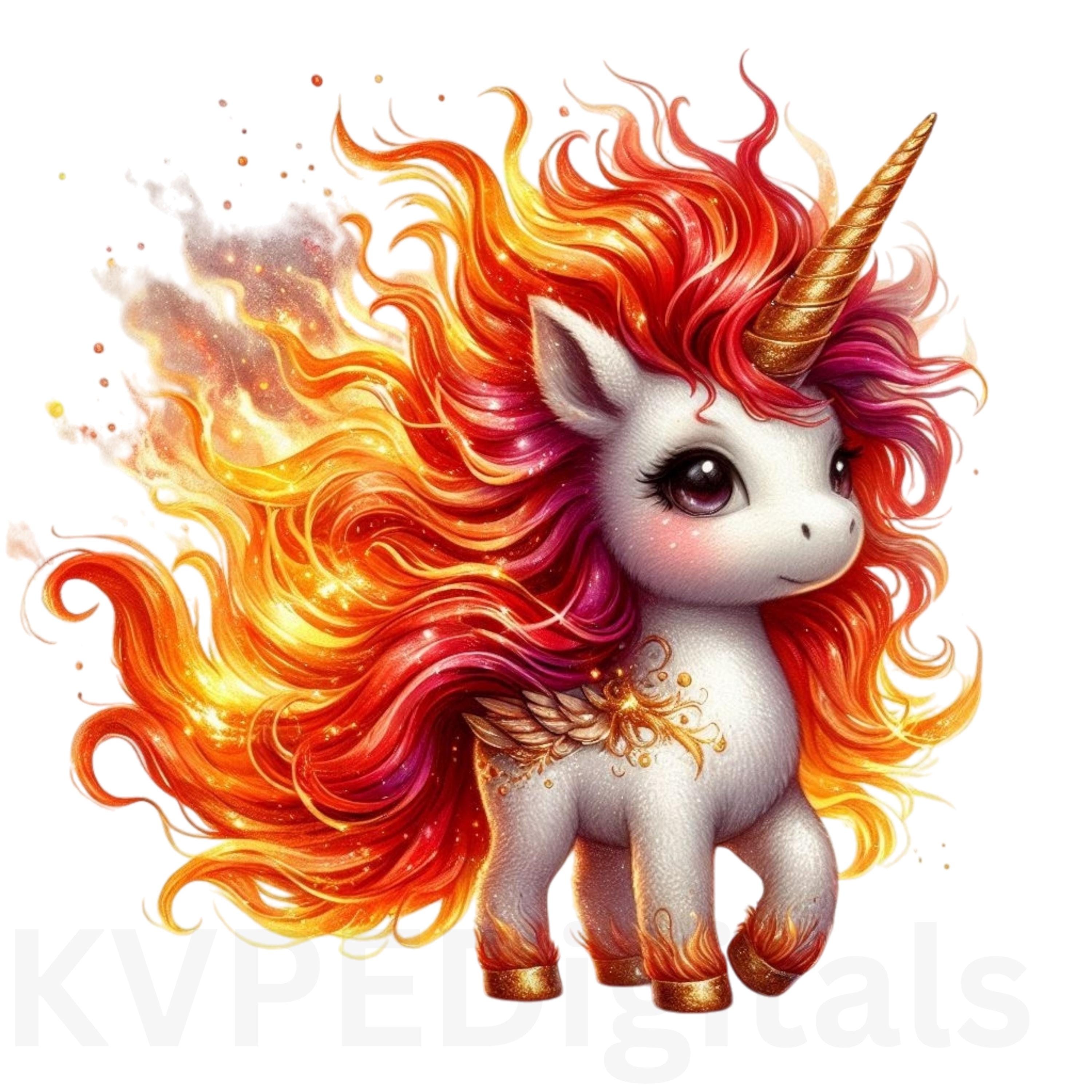 Majestic Burning Unicorn Whimsical Fiery Clipart, 18 PNG Magical ...