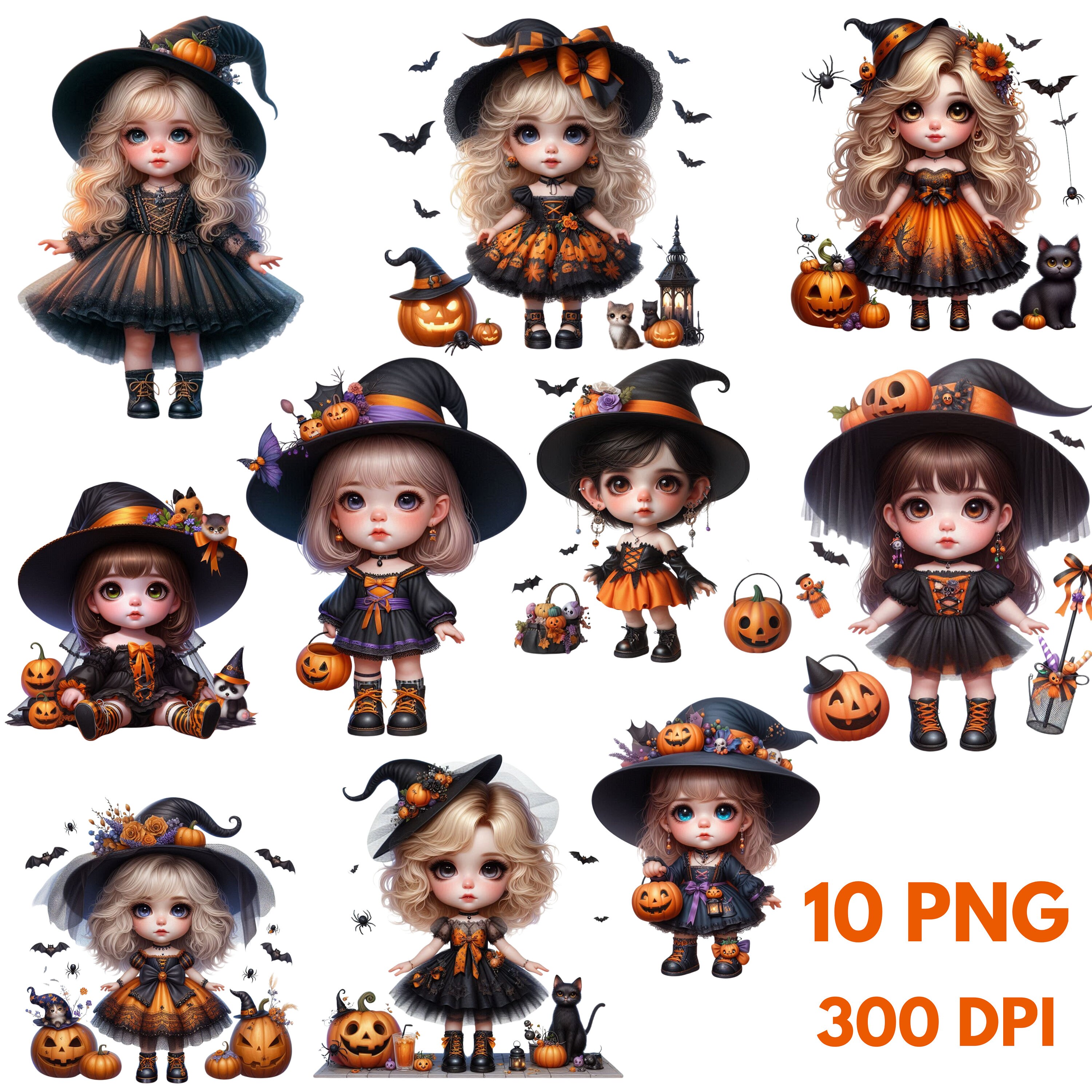 Halloween Witch Clipart Set, 10 Cute Chibi Girls PNG, Spooky Trick or ...