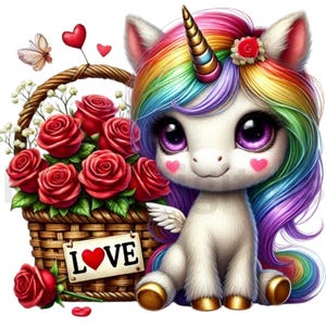 Rainbow Unicorn With Flowers Romantic Love Vibrant Colorful Valentine ...