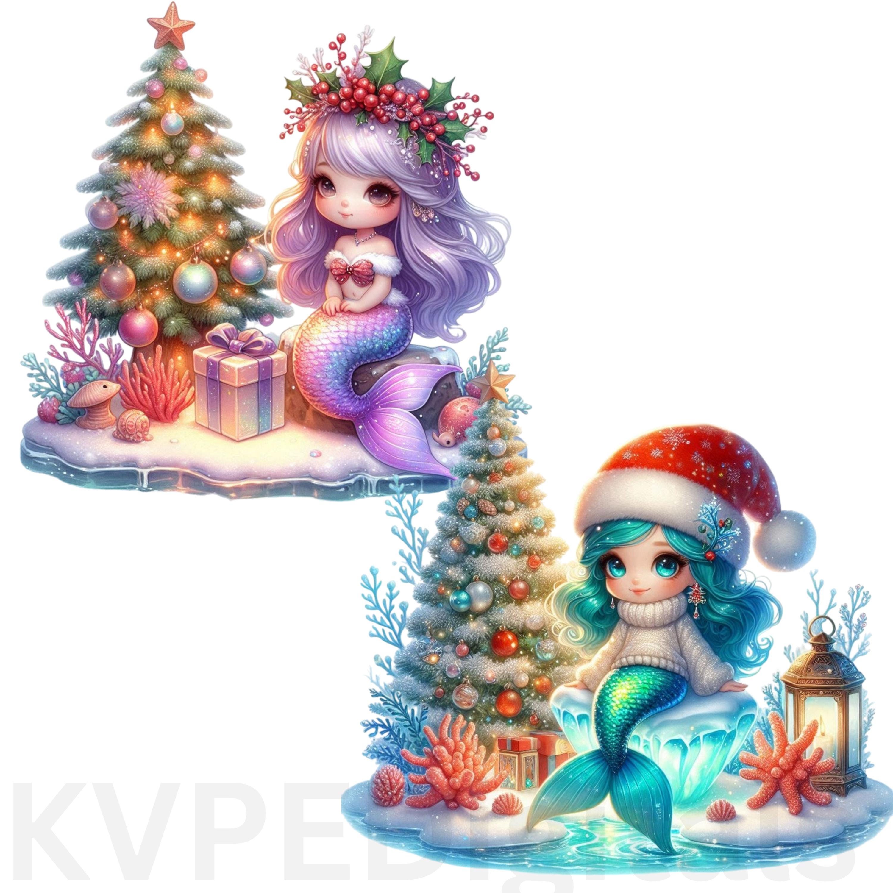 Christmas Mermaid Holiday Siren Watercolor Ocean Sea Beach Theme ...
