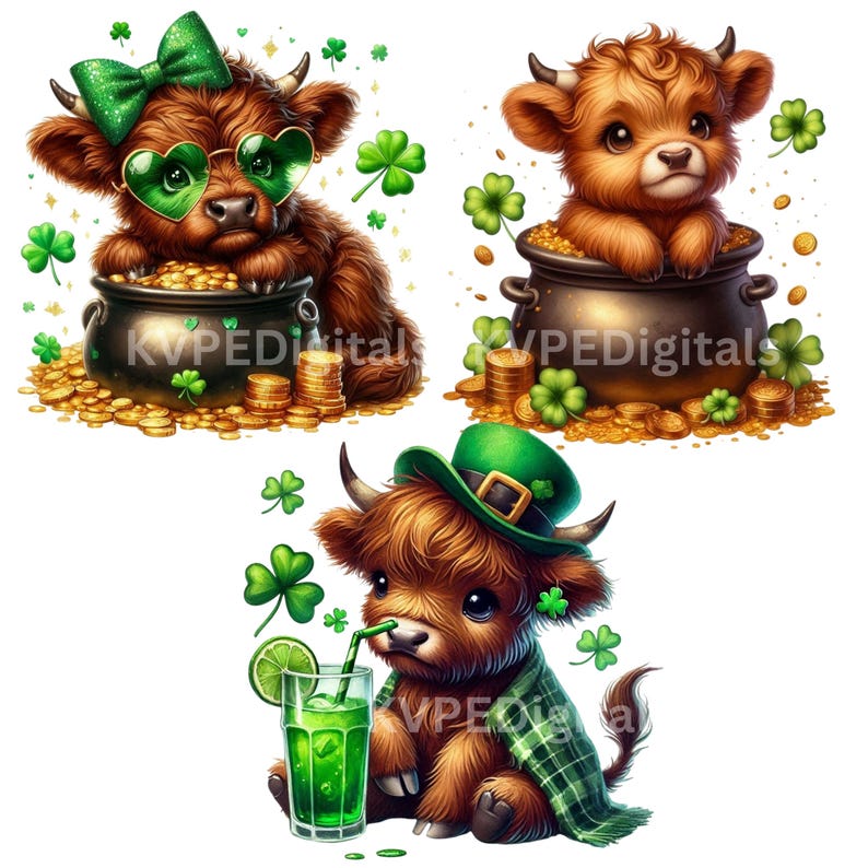 St.patrick's Highland Cow Cute Baby Cow Watercolor Clipart Bundle, 24 ...