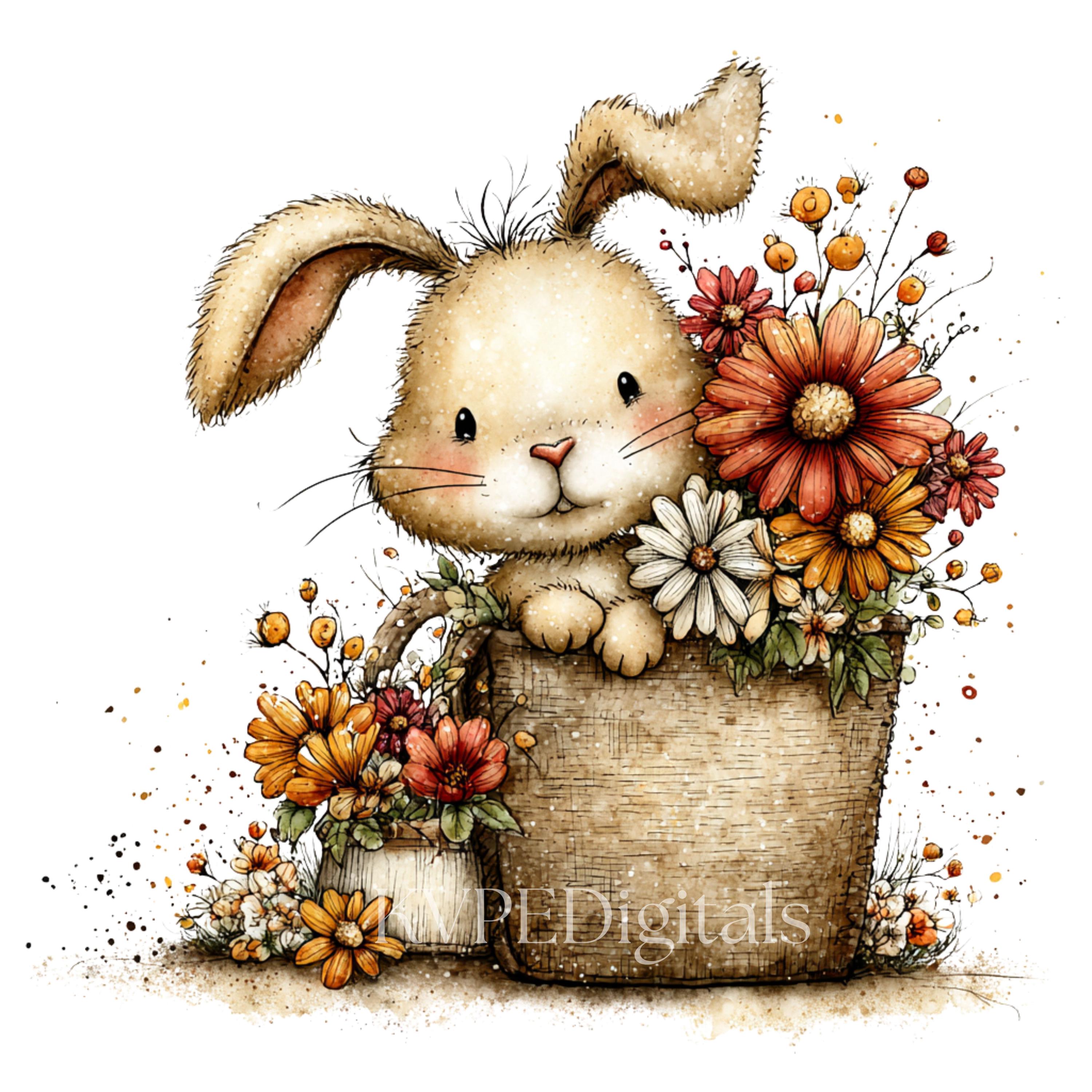 Spring Bunny Clipart, 15 PNG-JPG Whimsical Spring Garden Rabbit W ...
