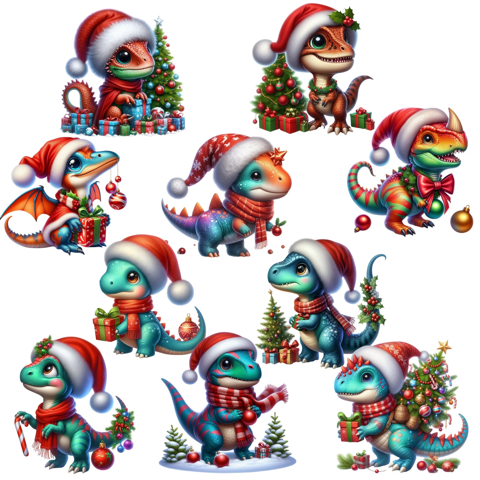 Christmas Dinosaur Clipart, 70 Cute PNG Jurassic Printables, Instant ...
