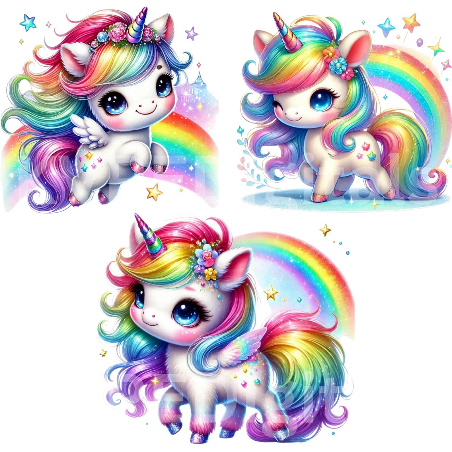 Cute Rainbow Unicorn Colorful Watercolor Clipart Bundle, 26 PNG Digital ...