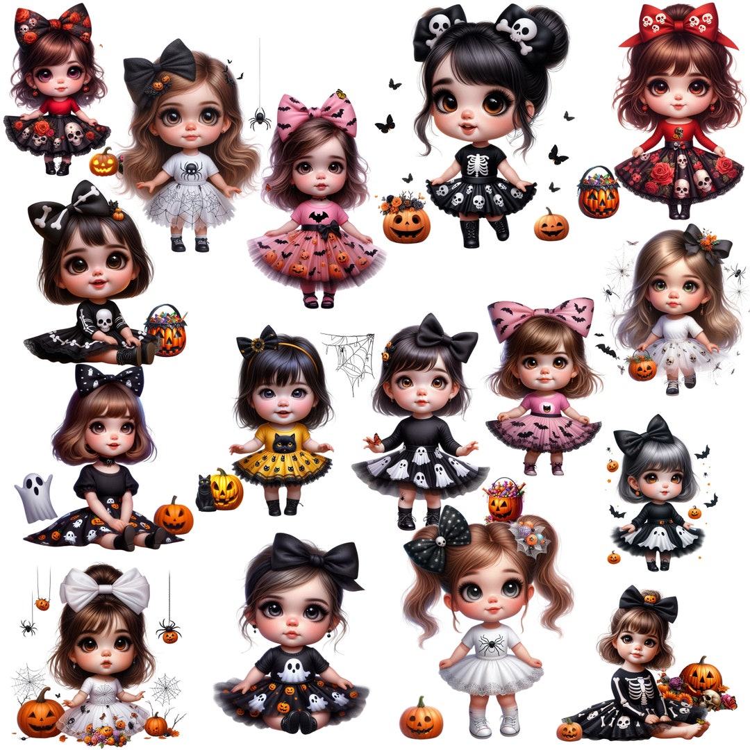 Halloween Chibi Girls Clipart, 32 Cute PNG Printables, Spooky Fun ...