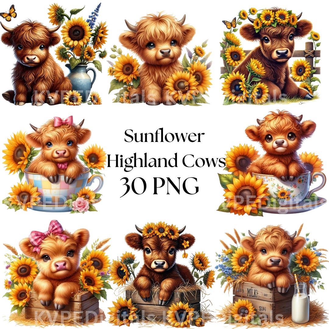 Highland Cow Sunflower Watercolor Cute Flower Cow Clipart Bundle, 30 ...