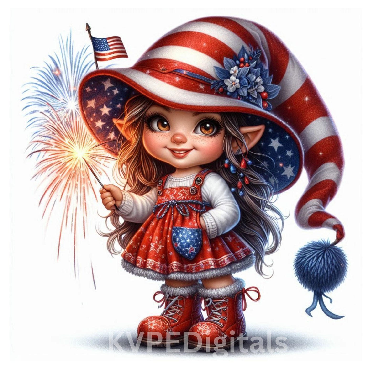 4th of July Girl Gnome Clipart, Patriotic Gnome JPEG, Independence Day ...