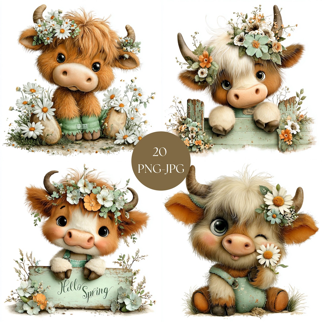 Spring Highland Cow Clipart, 19 PNG-JPG Cute Spring Baby Cow ...