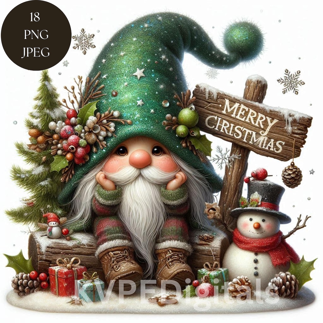 Christmas Gnome Clipart Bundle, 18 PNG-JPEG Winter Gnome, Festive ...